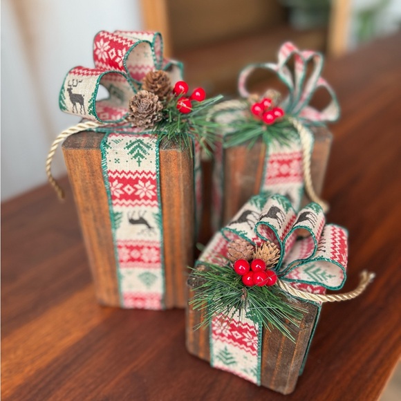 Holiday | Christmas Wood Presents Decor Handmade Set Of 3 | Poshmark